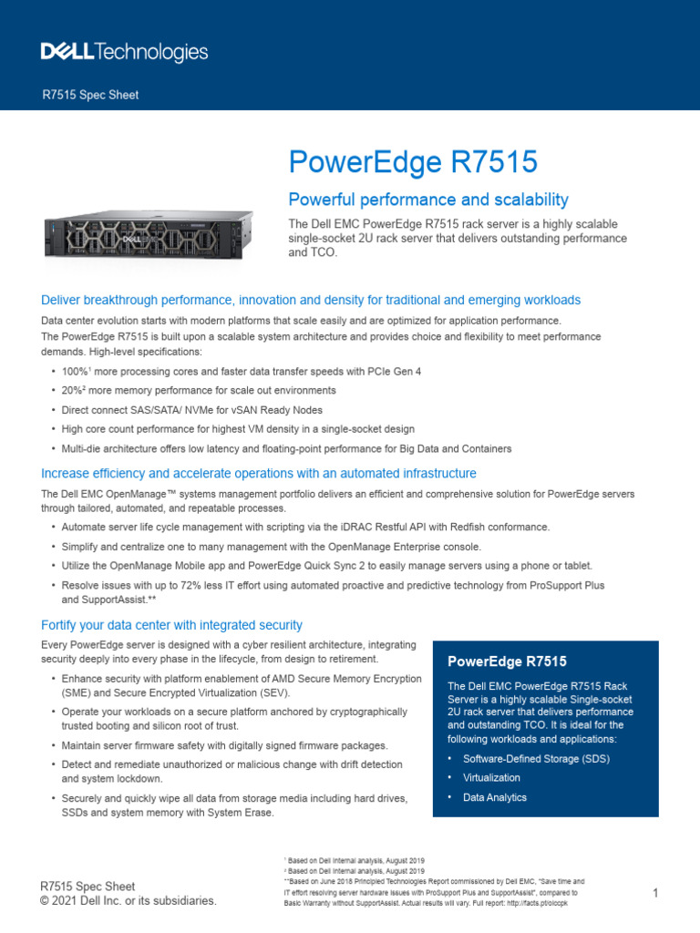 Dell Emc Poweredge r7515 Spec Sheet | PDF