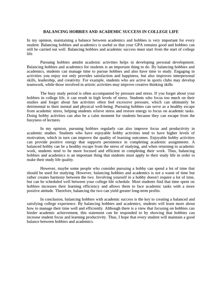 Balancing Hobbies and Academic Success in College Life | PDF