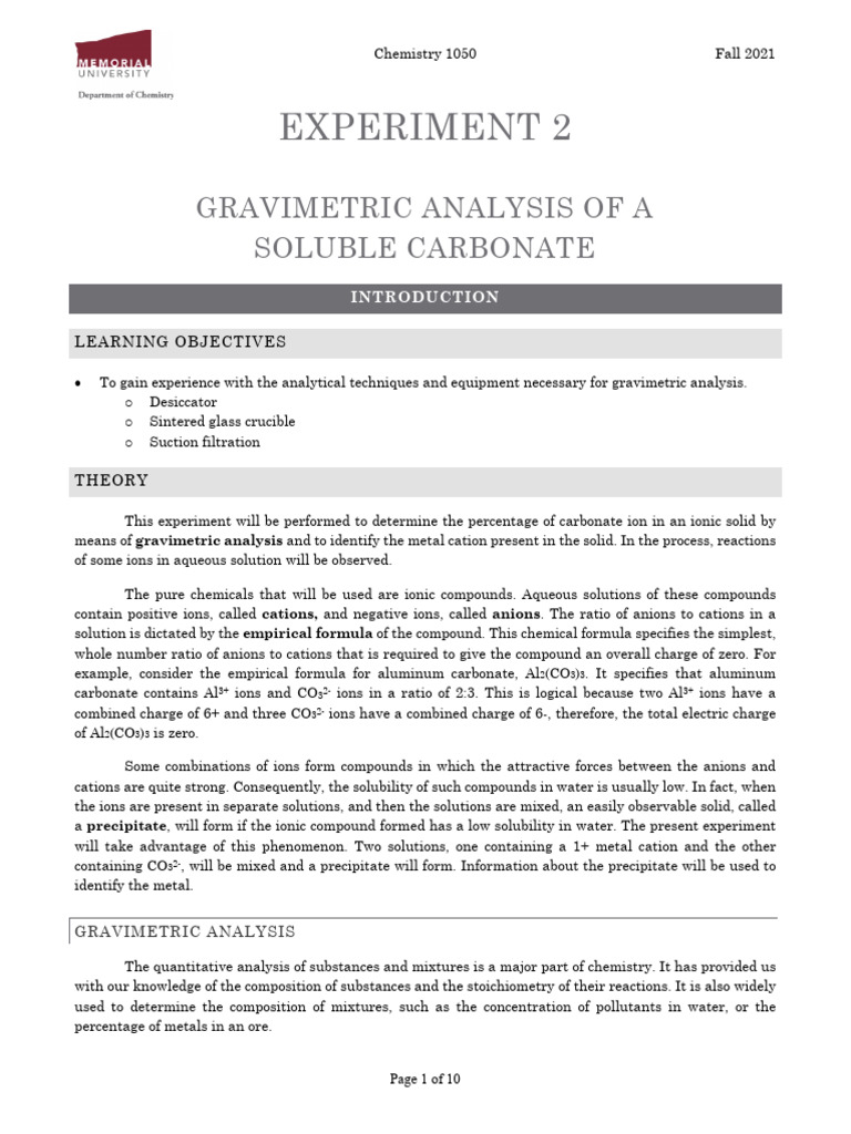 1050 Exp 2 Gravimetric Outline F2021 | PDF