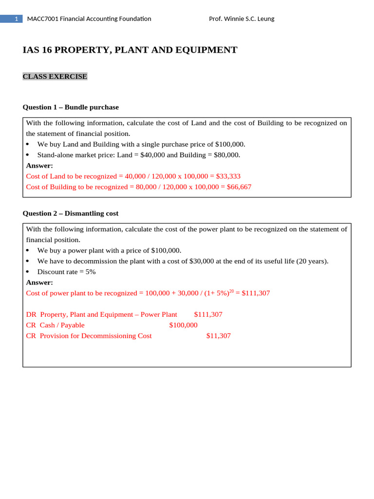 IAS 16 Property Plant and Equipment Class Exercise (Teacher Copy) | PDF