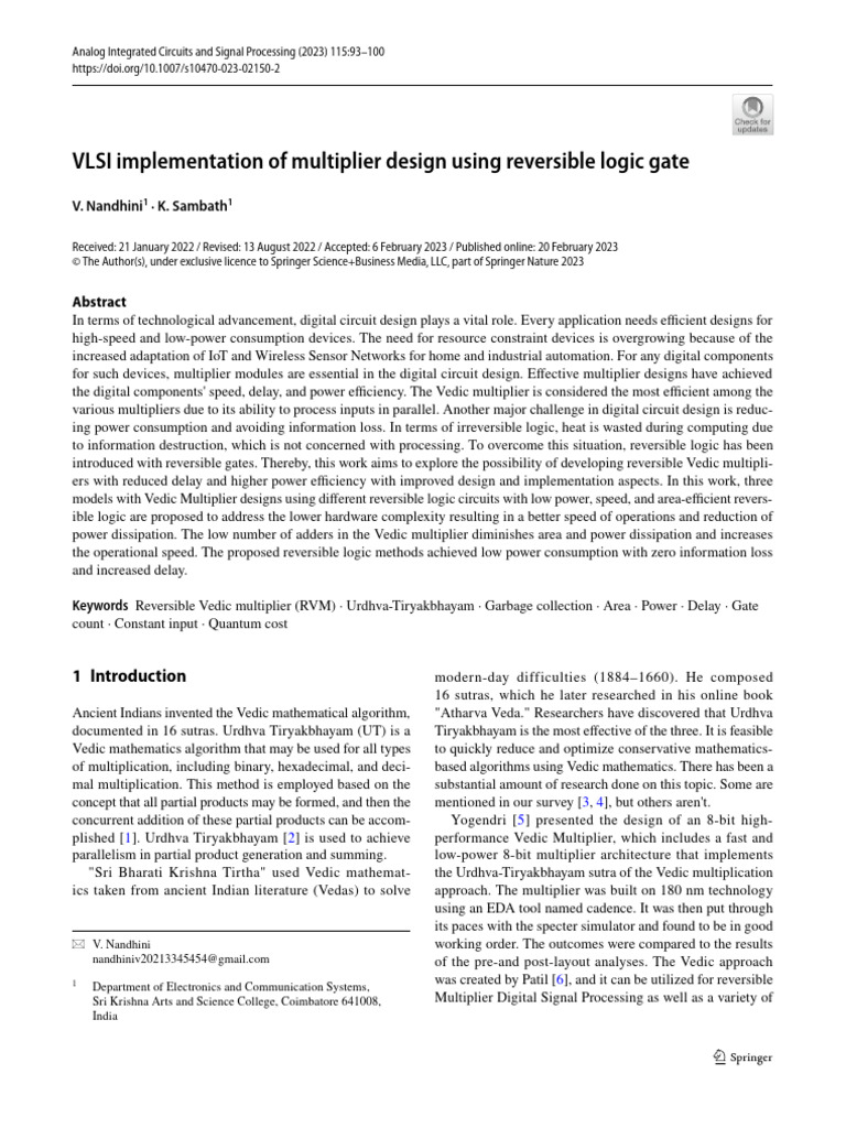 VLSI Implementation of Multiplier Design Using Reversible Logic Gate | PDF