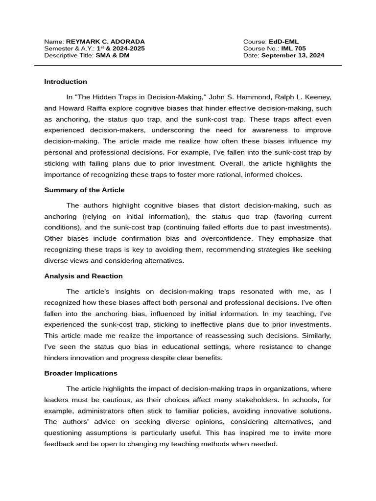 Recognizing Decision-Making Traps | PDF | Decision Making | Bias