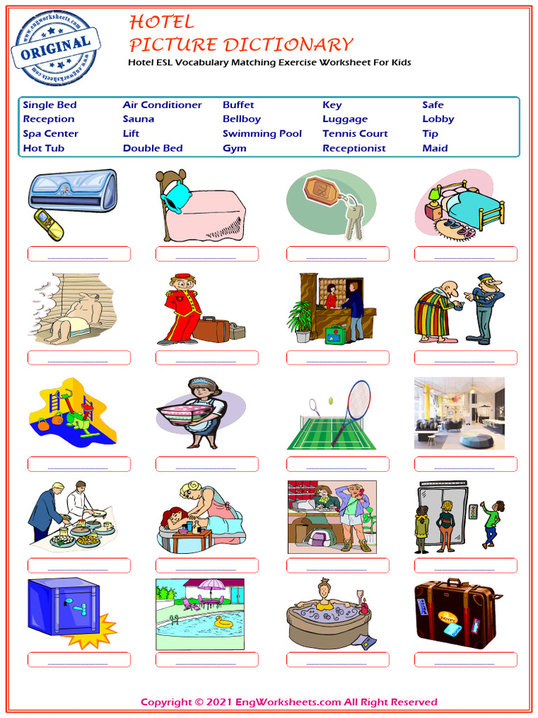 Hotel Esl Vocabulary Matching Exercise Worksheet For Kids 2027 | PDF