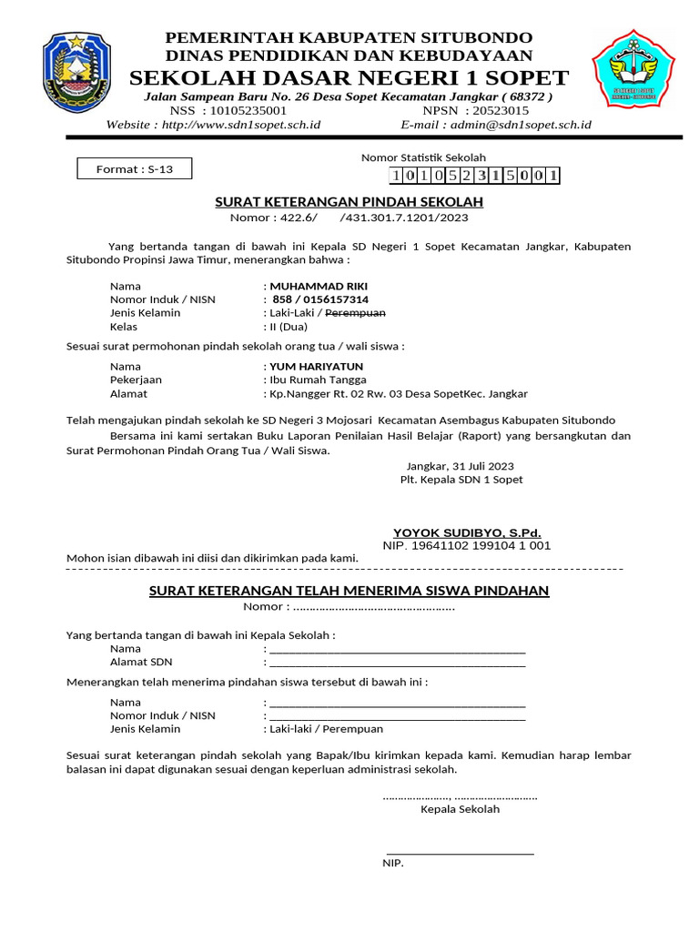 Surat Pindah Siswa Pdf