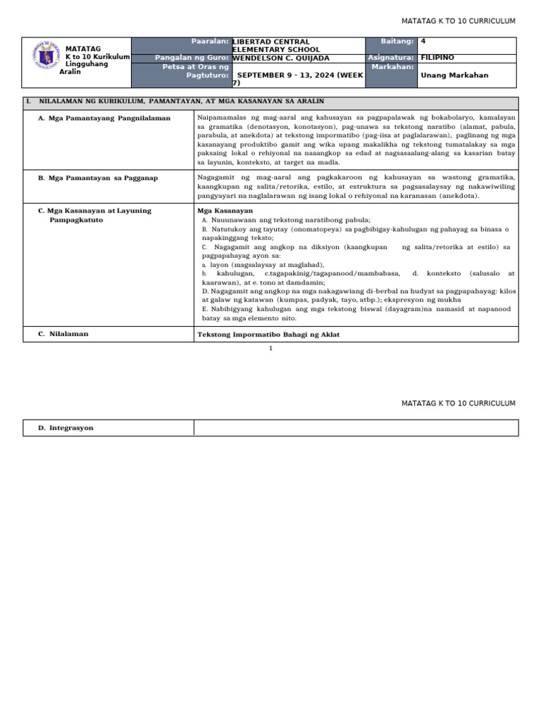 DLL Matatag - Filipino 4 Q1 W7 | PDF