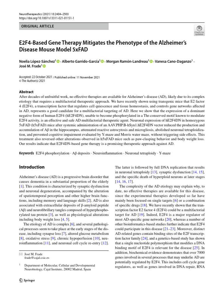 E2F4 Based Gene Therapy Mitigates The Phenotype of The Alzheimer's ...