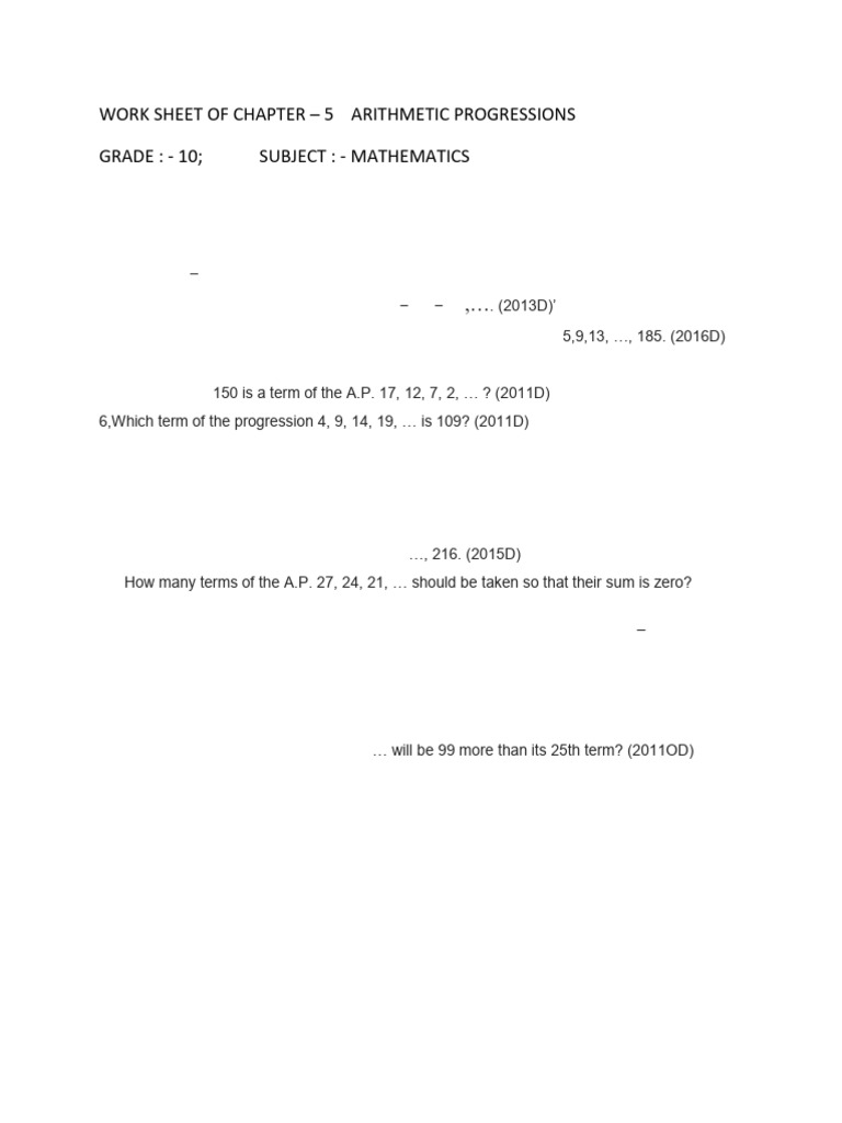 WORK SHEET OF CHAPTER - 5 ARITHMETIC PROGRESSION | PDF