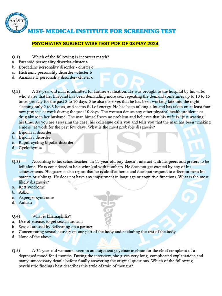 Mist Psychiatry Subject Wise Test Students Pdfs On 08 May 2024 | PDF