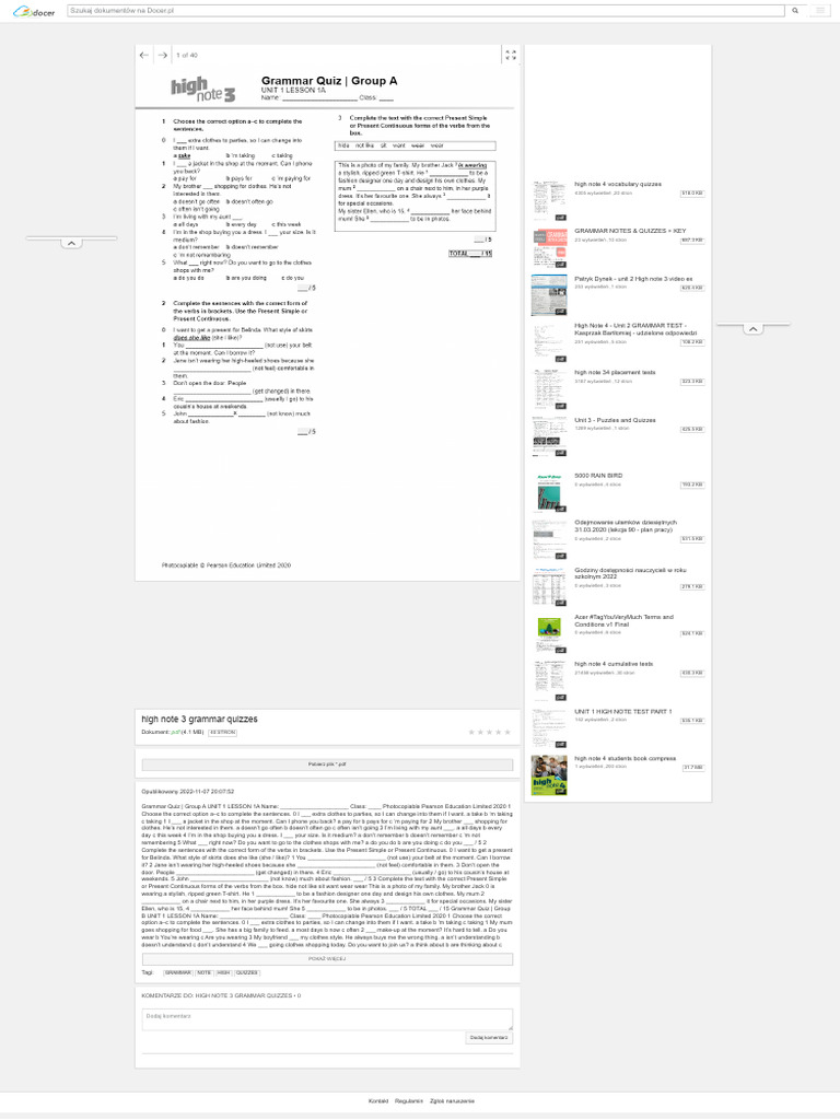 High Note 3 Grammar Quizzes - Pobierz PDF Z Docer - PL | PDF