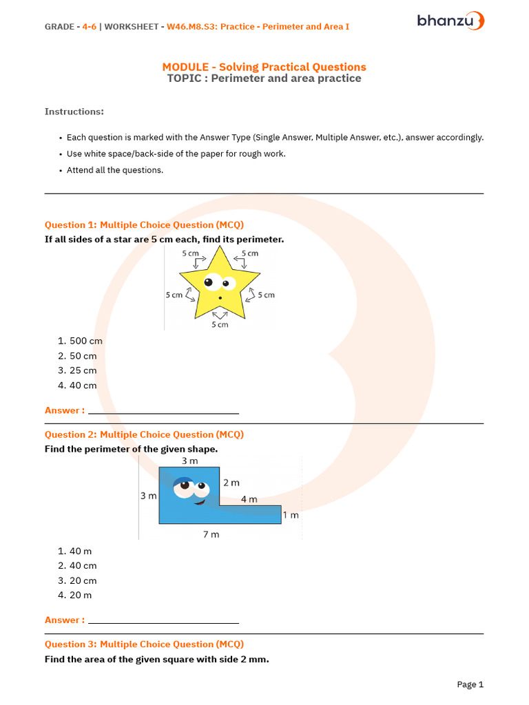 Perimeter and Area Practice Worksheet | PDF | Area | Length