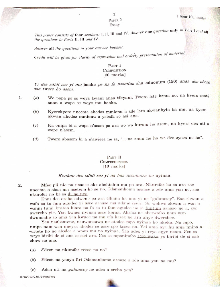 Bece 2024 Ashanti Twi Actual Paper | PDF