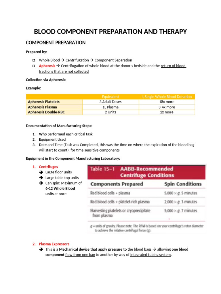 Blood Component Preparation and Therapy | PDF