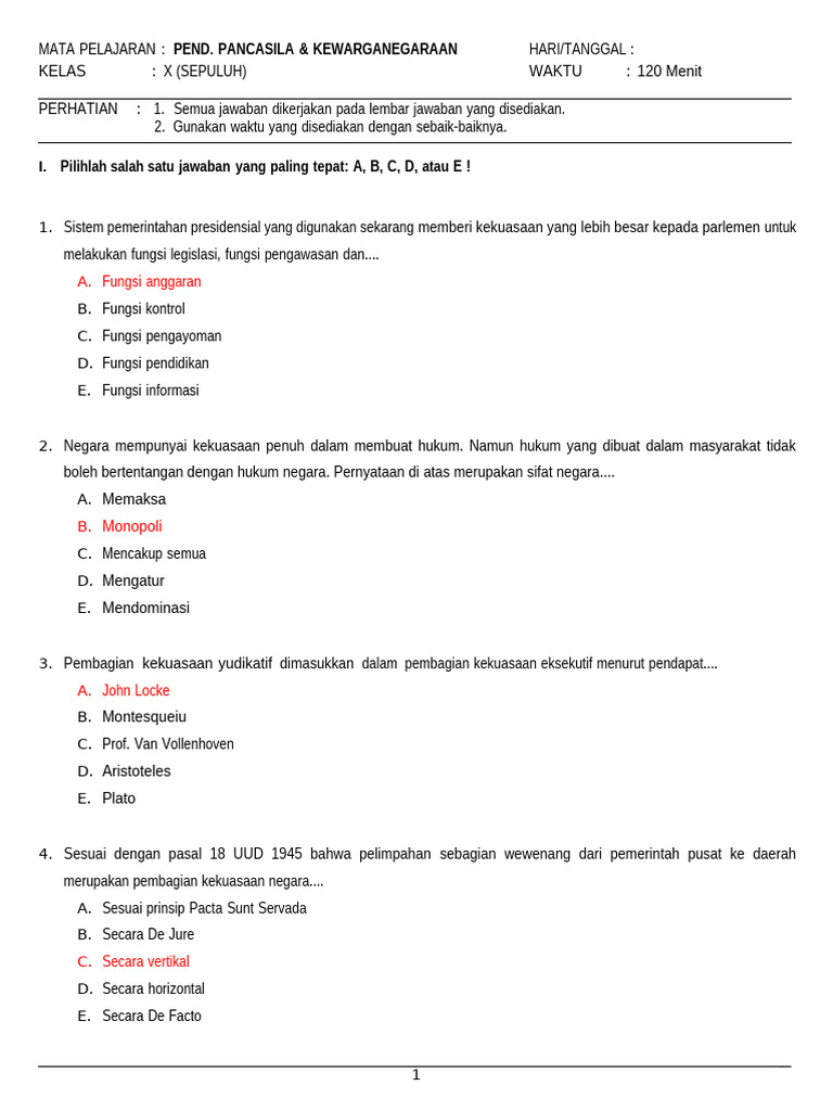Soal PKN Kelas X Semester 1 | PDF