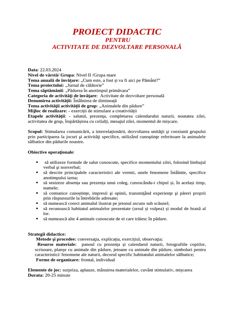 Proiect Didactic: Pentru Activitate de Dezvoltare Personală | PDF