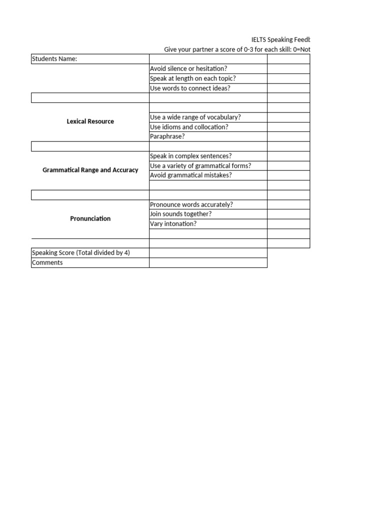 Speaking Marking Sheet Pdf
