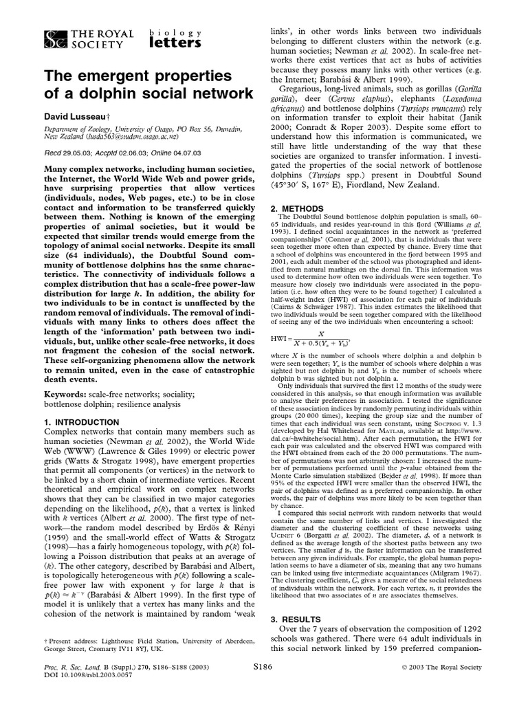 The Emergent Properties Of A Dolphin Social Network Pdf