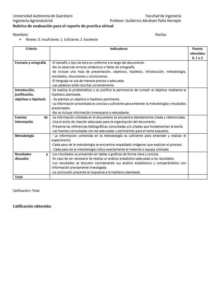 Rubrica de practica virtual | PDF