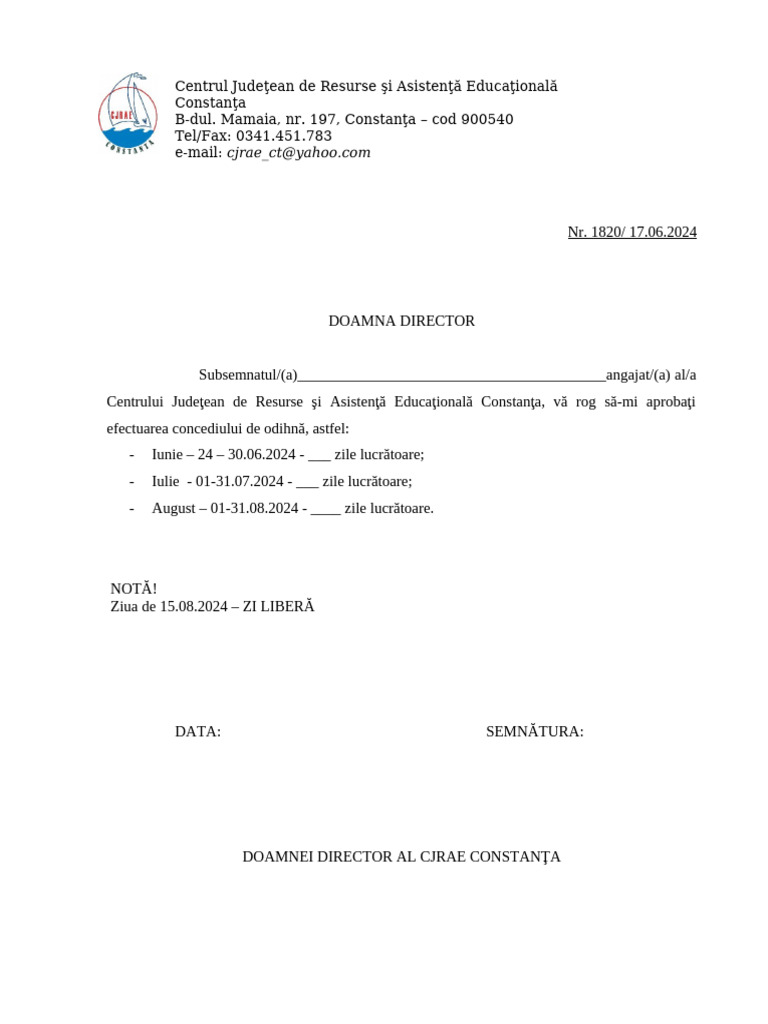 Cerere CO Vacanta Vara 2024 - CJRAE CT | PDF