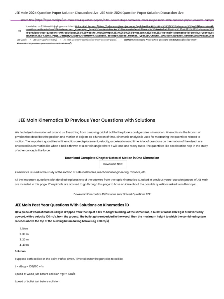 JEE Main Previous Year Solved Questions On Kinematics 1D - Download PDF ... JEE Main Previous Year Solved Questions On Kinematics 1D - Download PDF ...