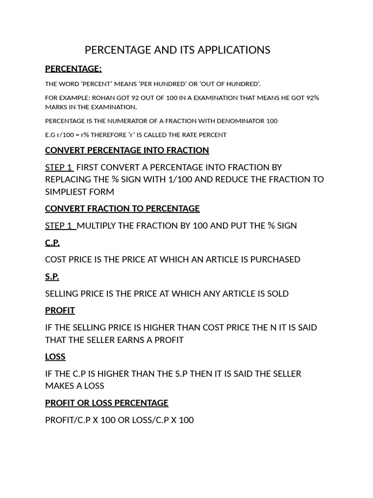 PERCENTAGE AND ITS APPLICATIONS | PDF