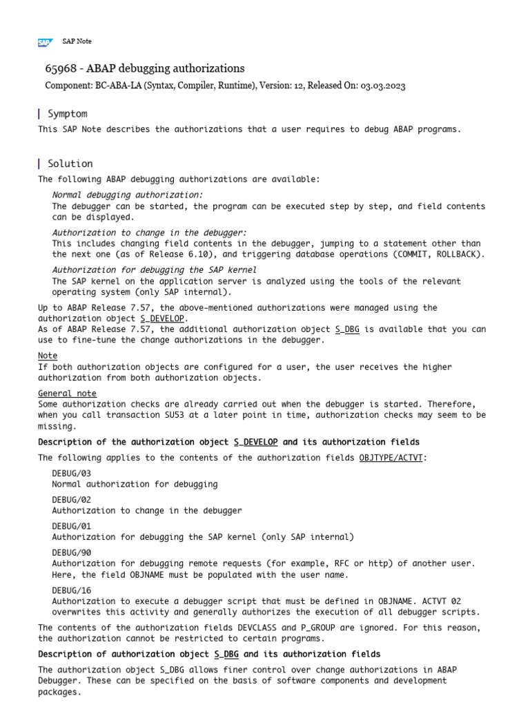 SAP Note 65968 - ABAP Debugging Authorizations | PDF