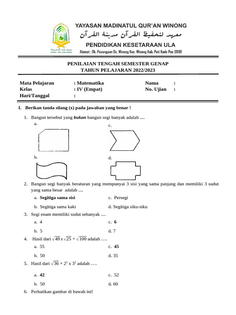 PTS MTK Kelas 4 Semester 2 | PDF