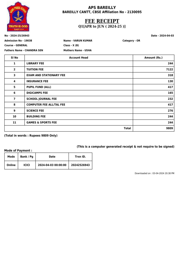 April To June Fees Receipt | PDF