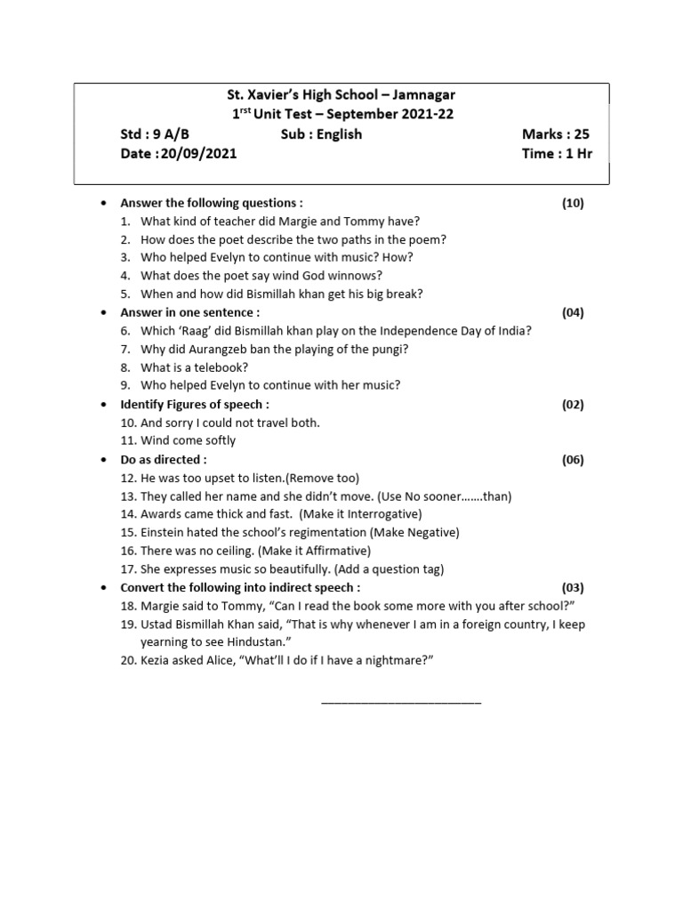 Std 9 English Unit Test | PDF