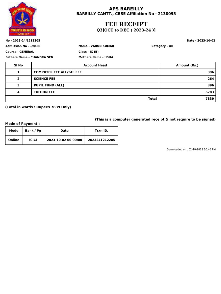 Fee Receipt for Coaching Classes | PDF