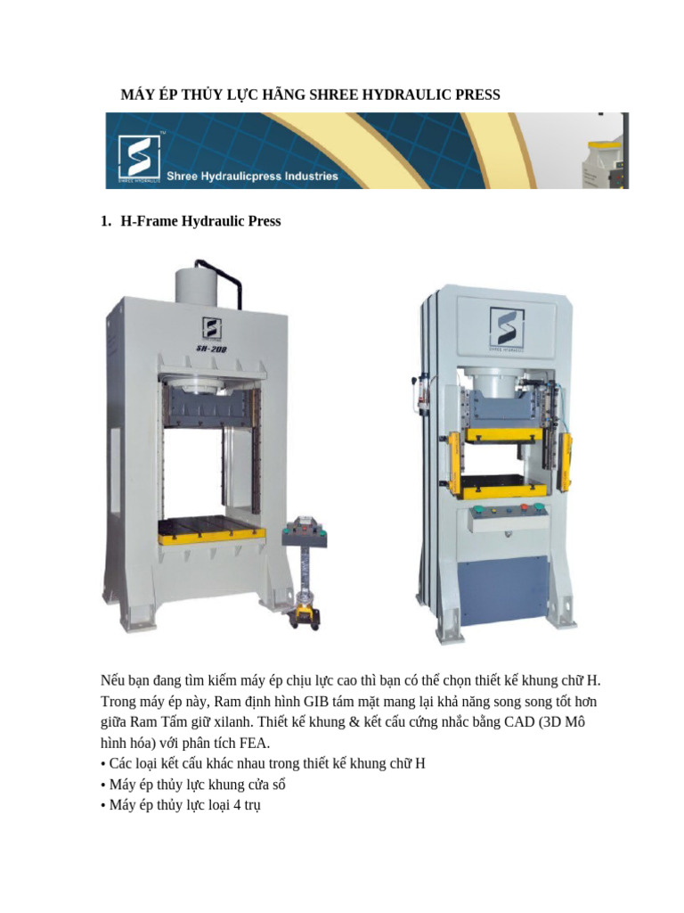 Catalog Máy Ép TH y L C Hãng SHREE HYDRAULIC PRESS INDUSTRY | PDF