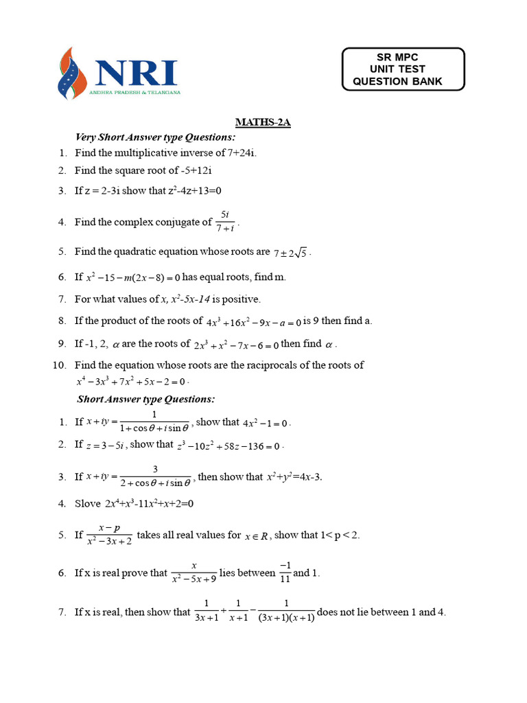 SR Maths-Iia Ut Que Bank Paper | PDF