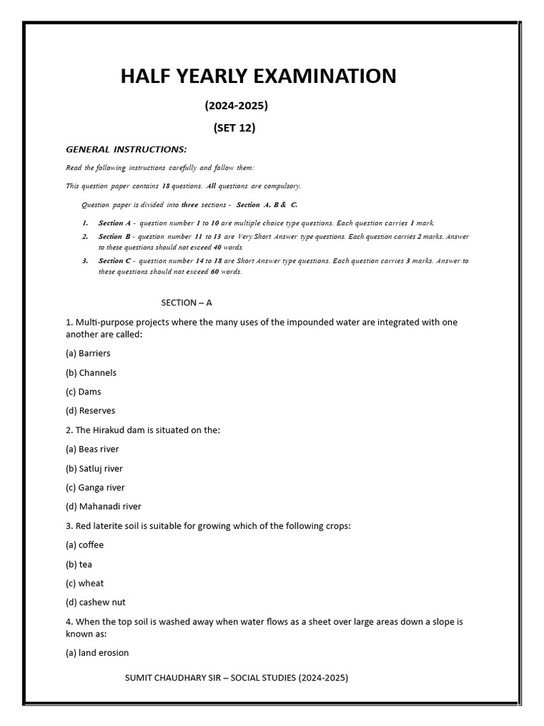 Half Yearly Examination: General Instructions | PDF