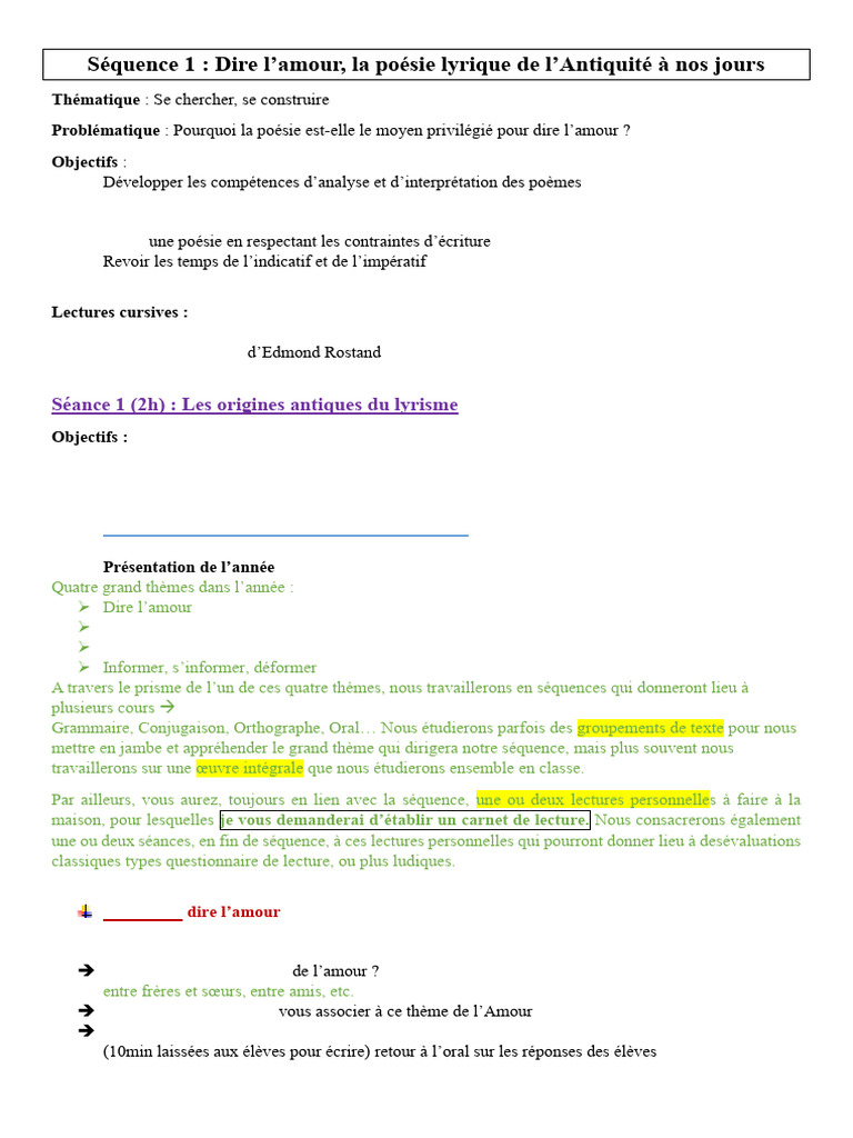 Séquence 1_Dire l'Amour_cours Entier | PDF