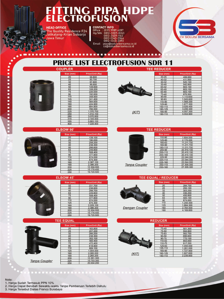 Price List Fitting Electro Fusion SDR 11 | PDF