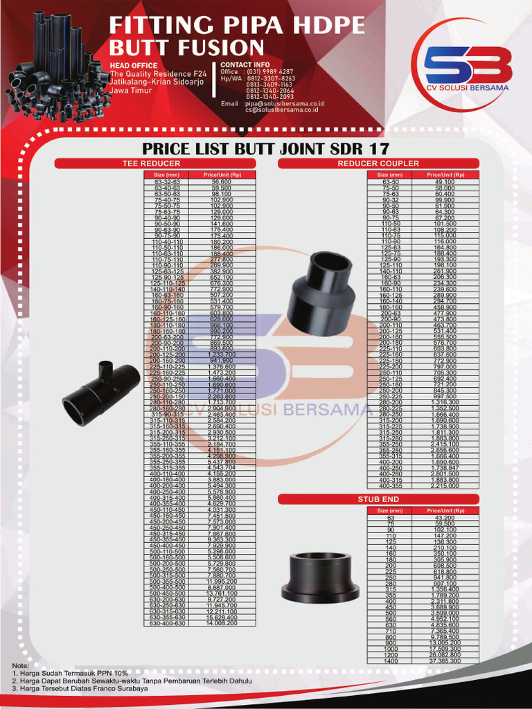 Price List Fitting Butt Joint SDR 17 | PDF