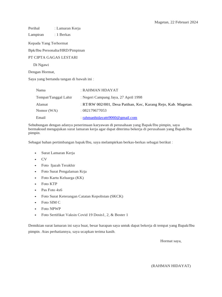 Lamaran Kerja Dayat | PDF