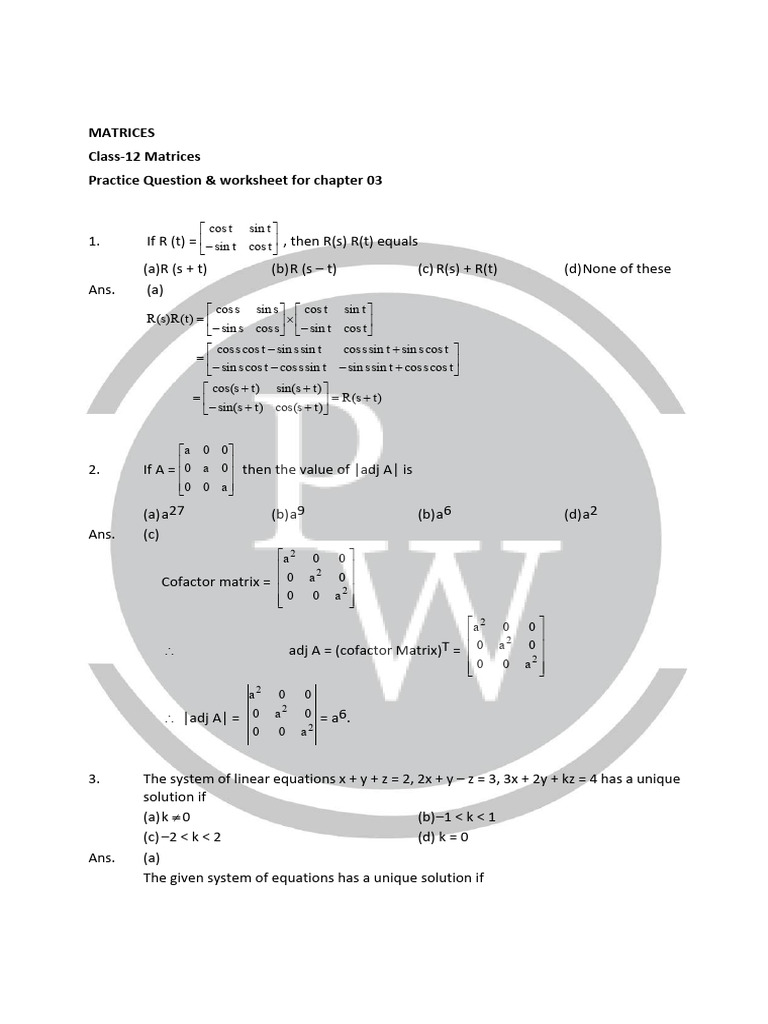 Matrices Worksheet | PDF