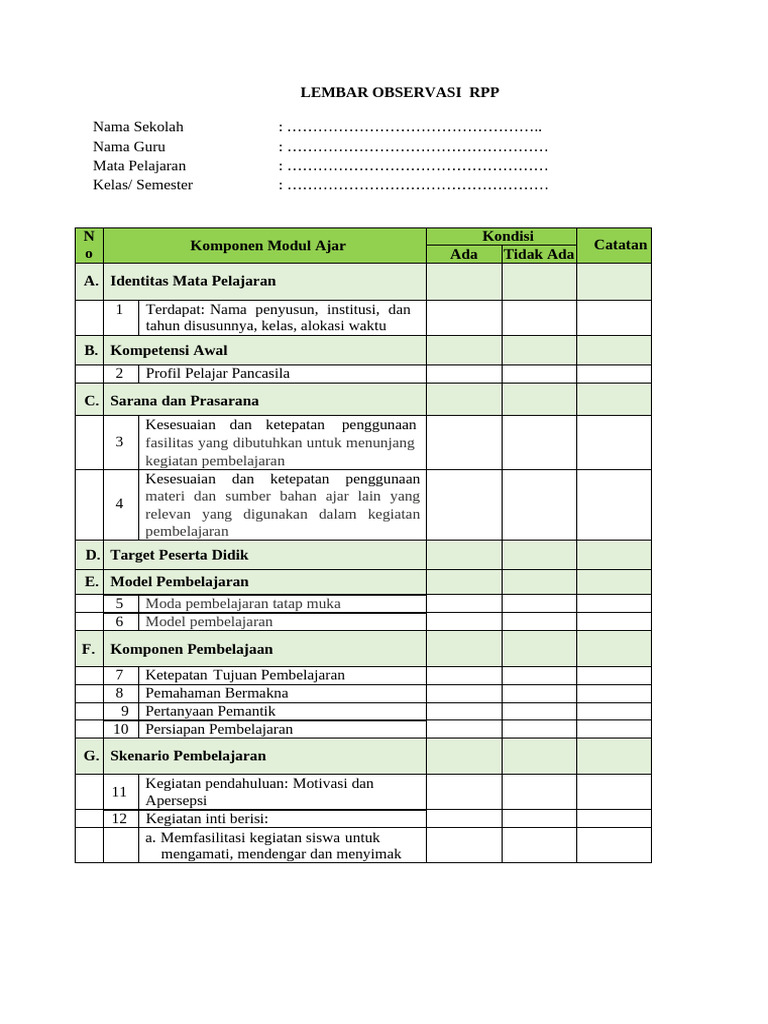 LEMBAR OBSERVASI RPP | PDF