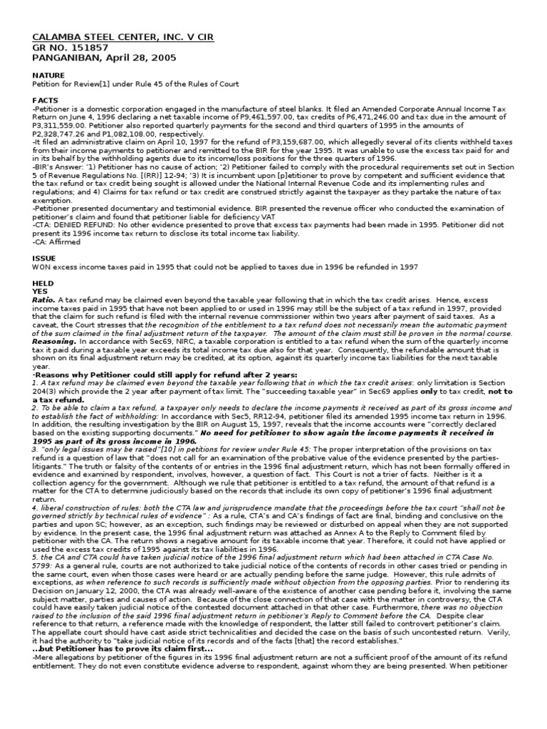 Calamba Steel Tax Refund Case Summary | PDF | Income Tax In The United ...
