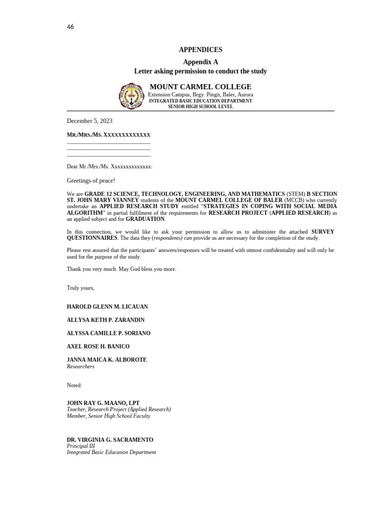 2template Letter Asking Approval To Conduct The Study | PDF