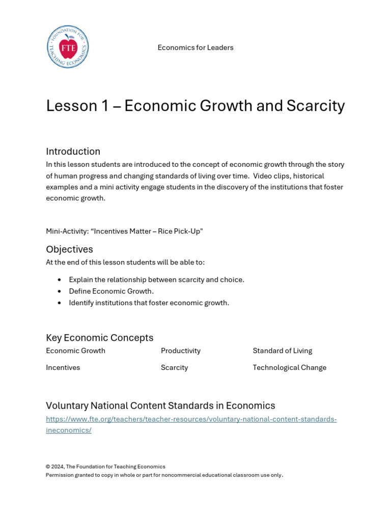EFL Topic 1 Lesson 1 Economic Growth and Scarcity | PDF