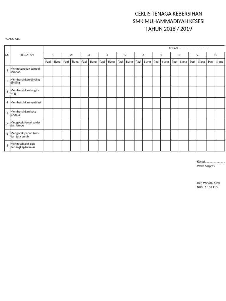 Ceklis Kebersihan Ruangan SMK 2018 | PDF
