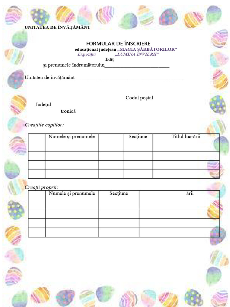 Paste - Formular de Înscriere, Acord de Parteneriat - Concurs Județean ...