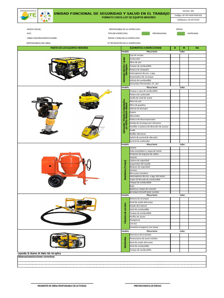 Formato de Inspeccion de Equipos Menores Uf-Sst 022 | PDF Formato de Inspeccion de Equipos Menores Uf-Sst 022 | PDF