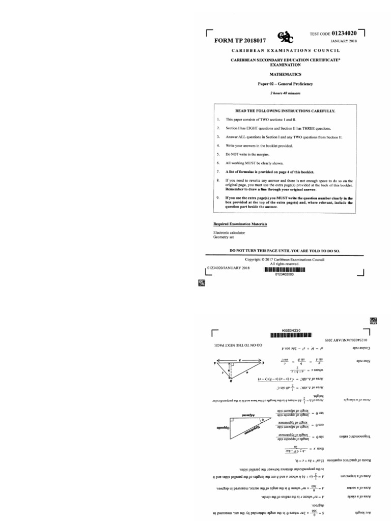 Csec - Mathematics - January - 2018 - p2 - Booklet | PDF