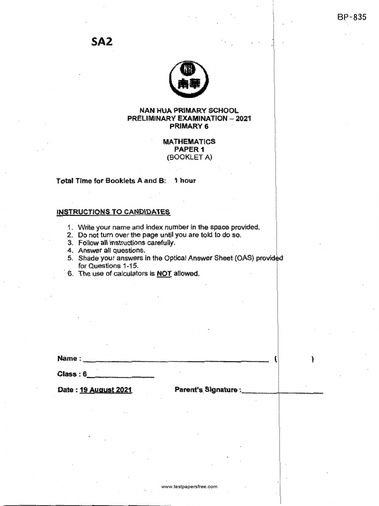 2021 Mathematics Nan Hua Prelim | PDF