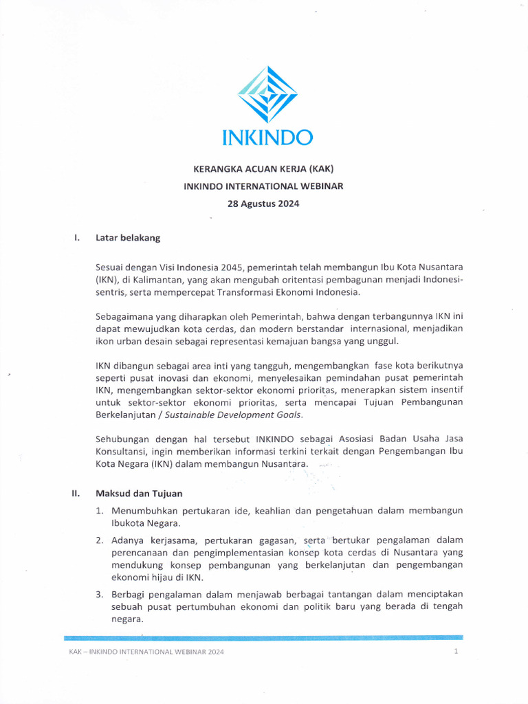 Kerangka Acuan Kerja (KAK) INKINDO Lnternational Webinar Lbu Kota Nusantara (LKN) | PDF