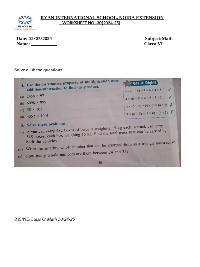Revision Worksheet 30 (Class6) | PDF
