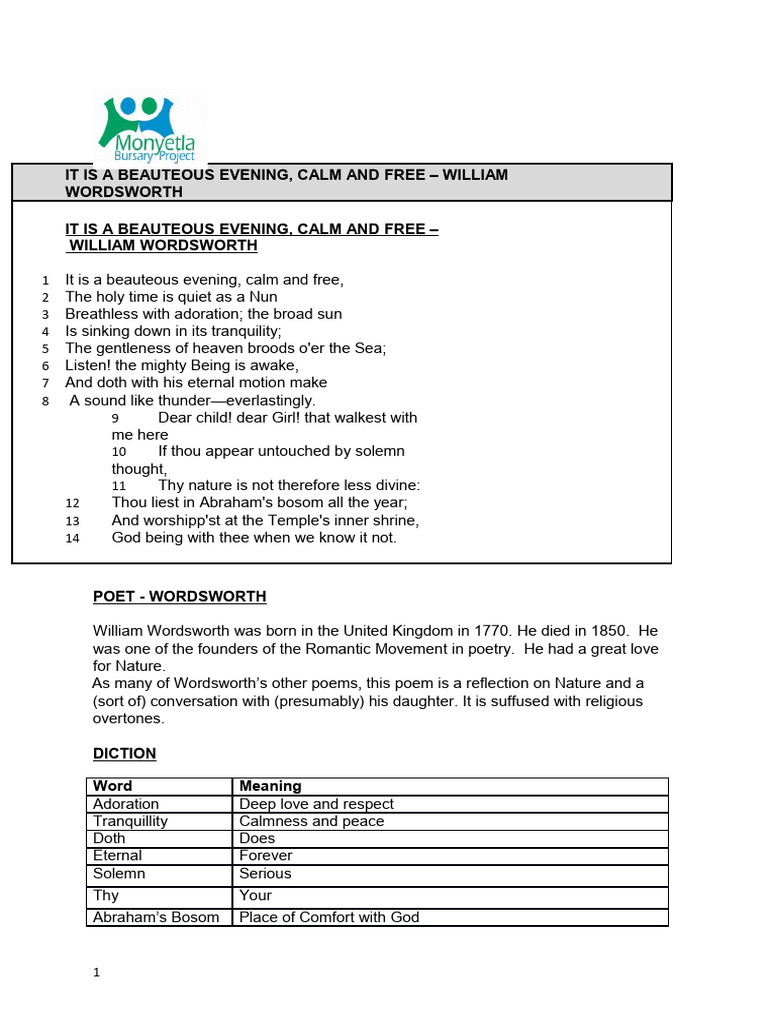 It Is A Beauteous Evening, Calm and Free by William Wordsworth | PDF