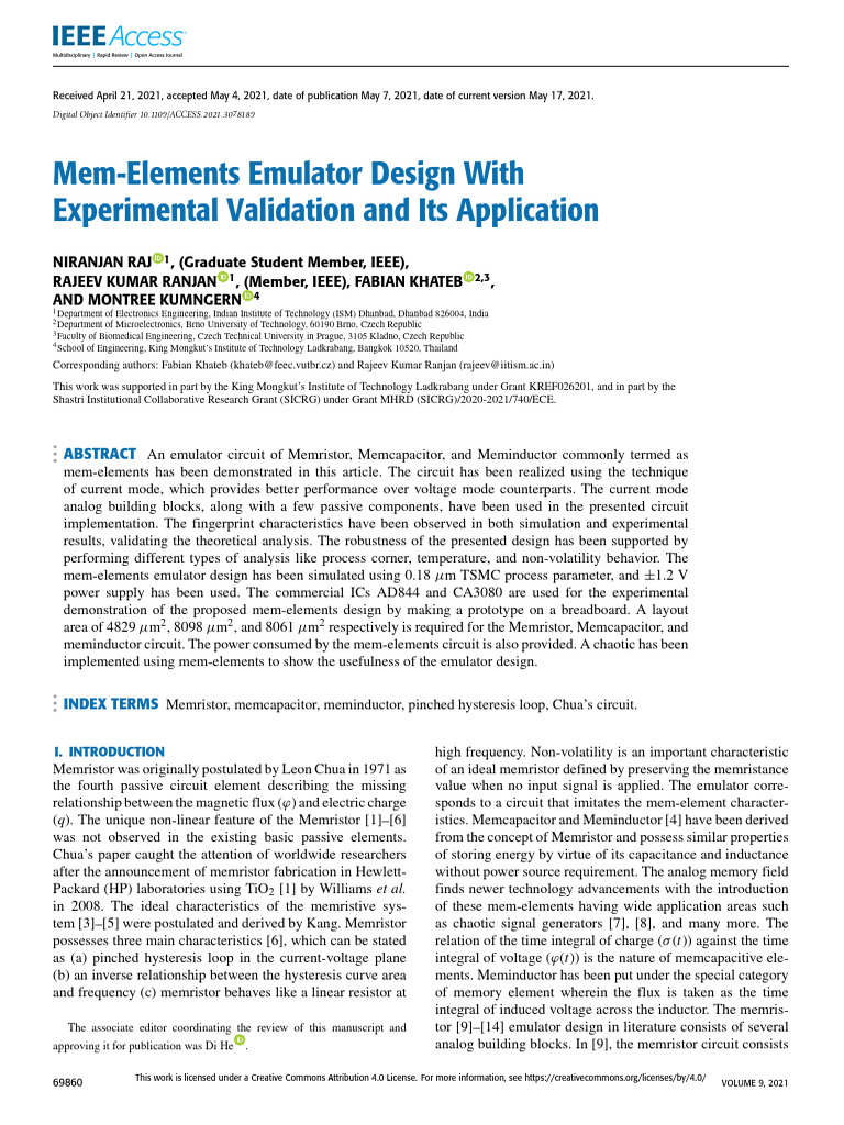 Mem-Elements Emulator Design With Experimental Validation and Its ...